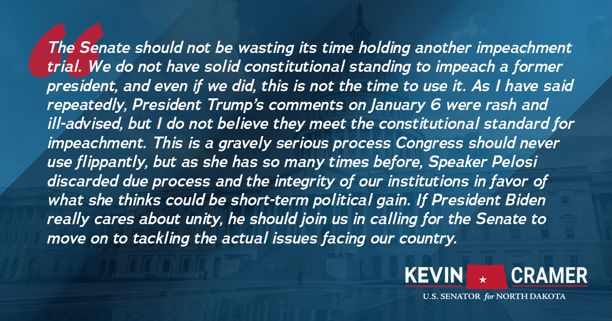 Sen. Cramer Statement on the Impeachment Trial of Former President Trump